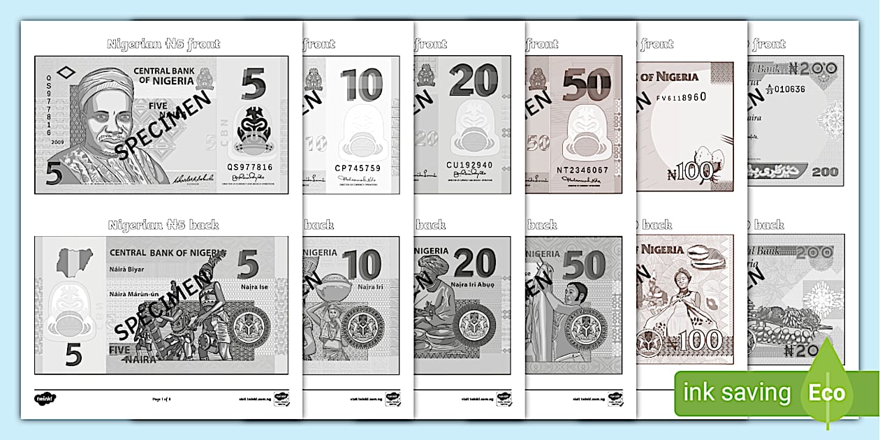 Nigerian Money Colouring sheets for banknotes - Twinkl