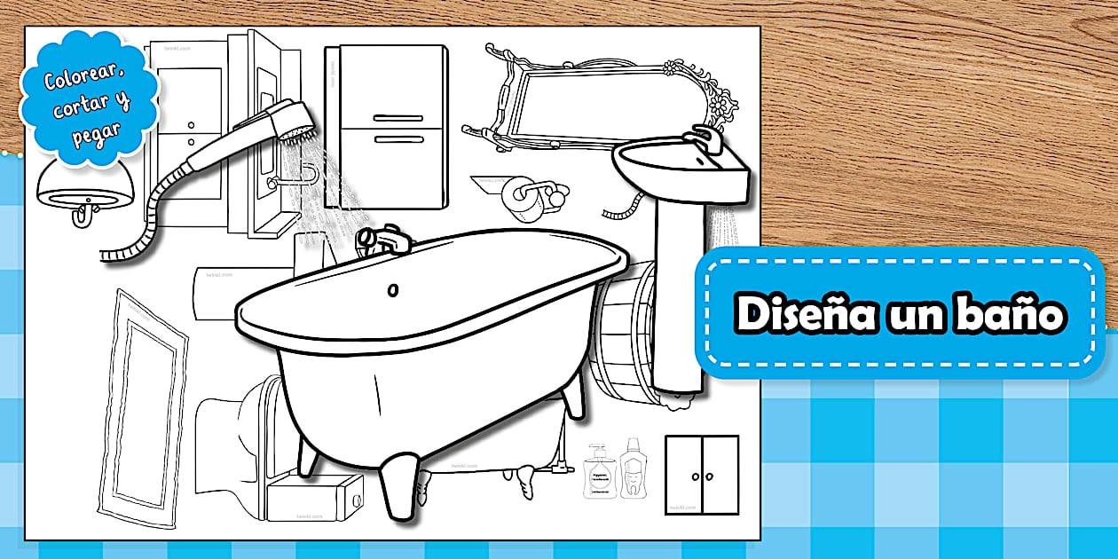 Ficha de actividad: Colorear, cortar y pegar - Diseña un baño