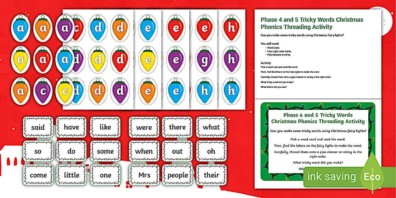 Phase 4 and 5 Tricky Words Christmas Phonics Threading Activity Pack