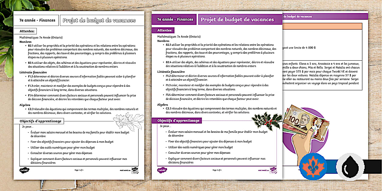 Grade 7 Finance: Holiday Budgeting Project French