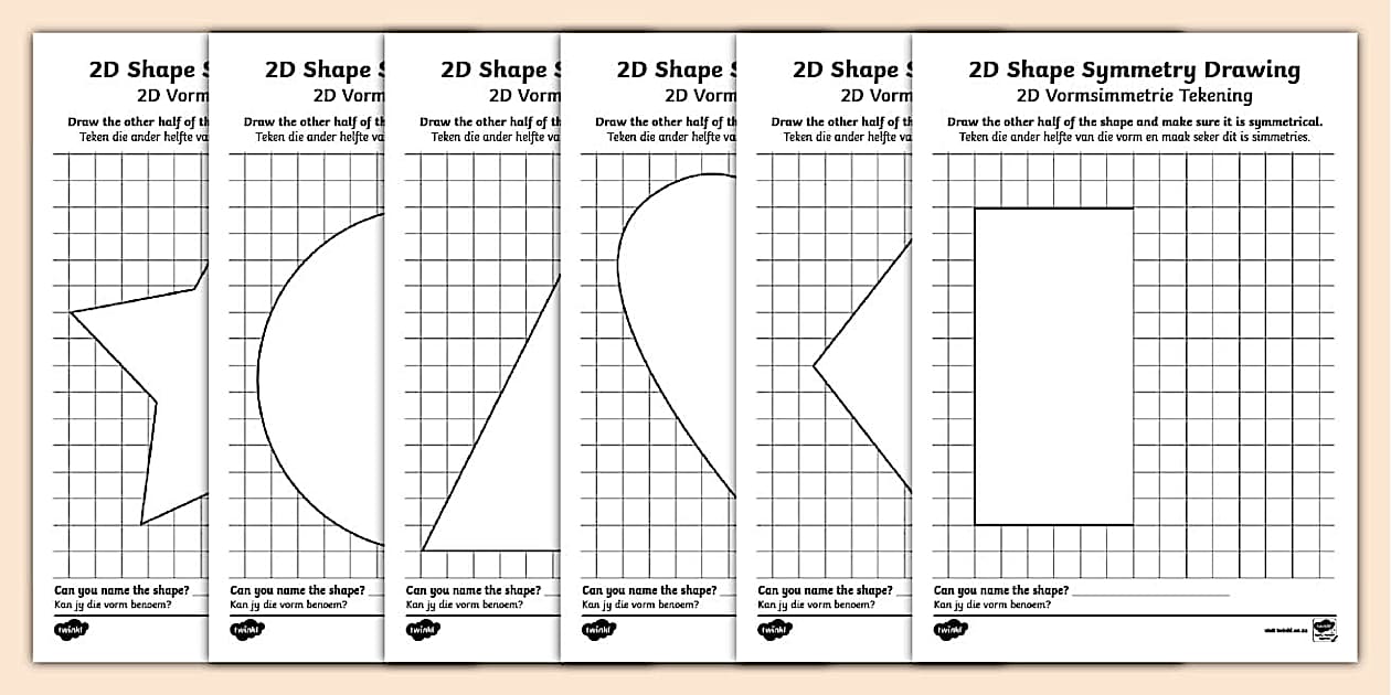 2D Shape Symmetry Drawing Worksheets English/Afrikaans