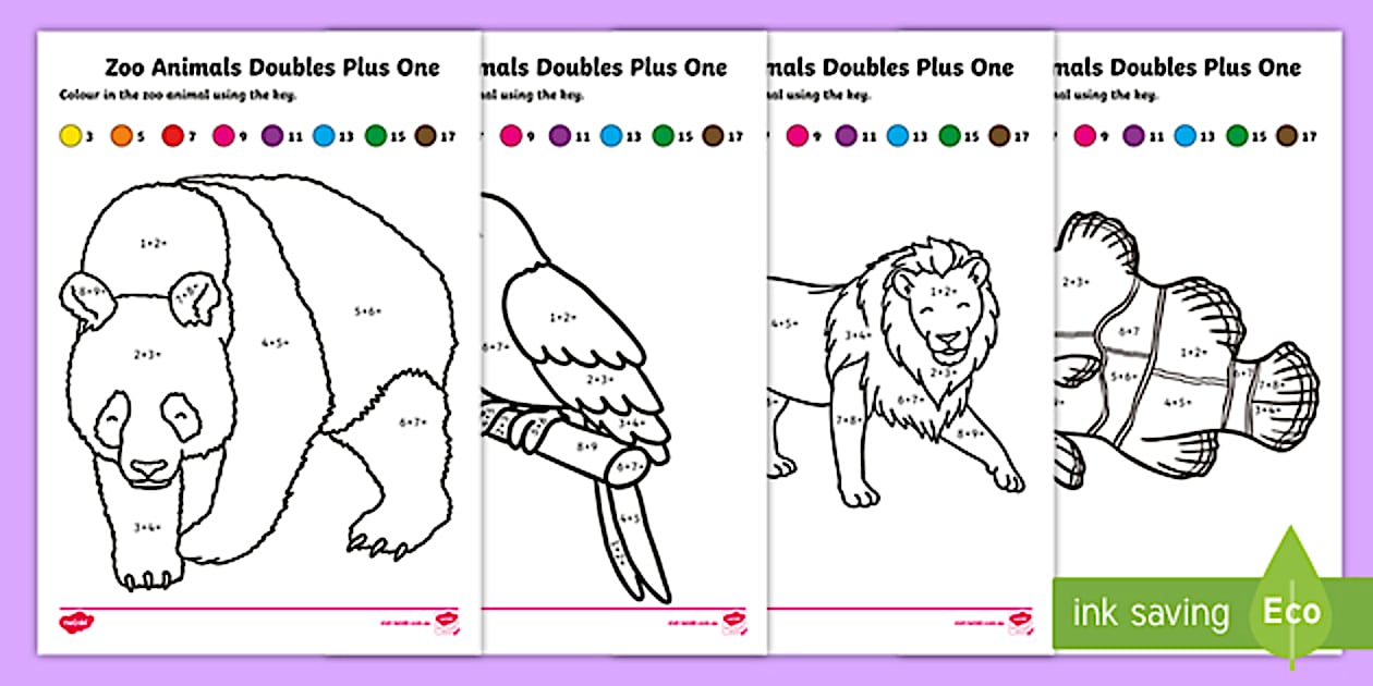 Zoo Animals Doubles Plus One Colour by Number (teacher made)