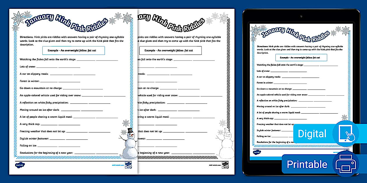 January Hink Pink Riddles Worksheet for 6th-8th Grade