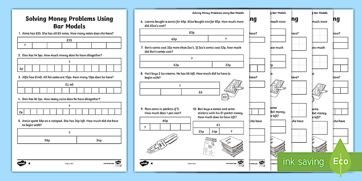 Editable Year 2 Solving Money Problems Using Bar Model Worksheets