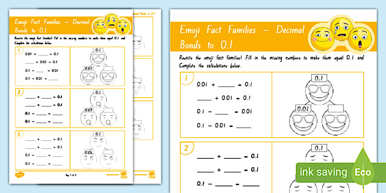 😊 Decimal Number Bonds to 0.1 - Emoji Fact Families (Stage 7)