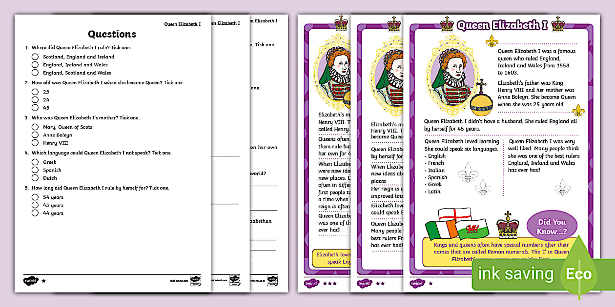 Higher Ability KS1 Queen Elizabeth I Differentiated Reading Comprehension