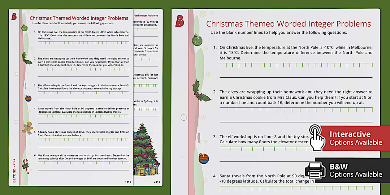 Christmas Themed Worded Integer Problems - Twinkl