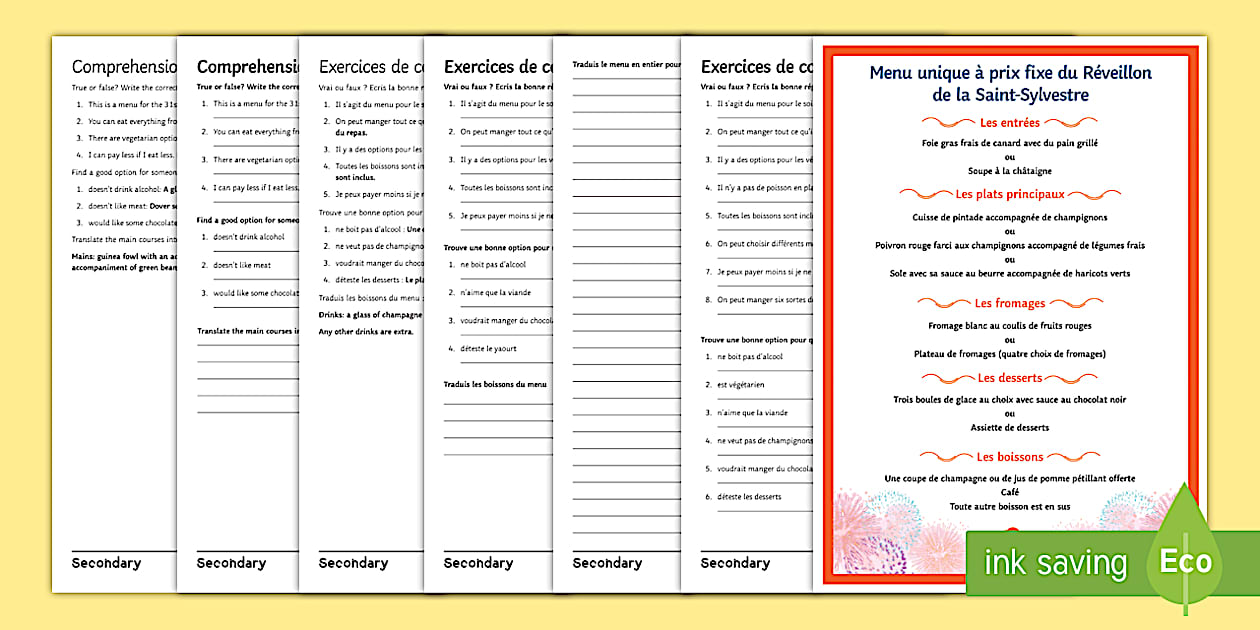 Black and White New Year's Eve Menu Differentiated Reading Comprehension