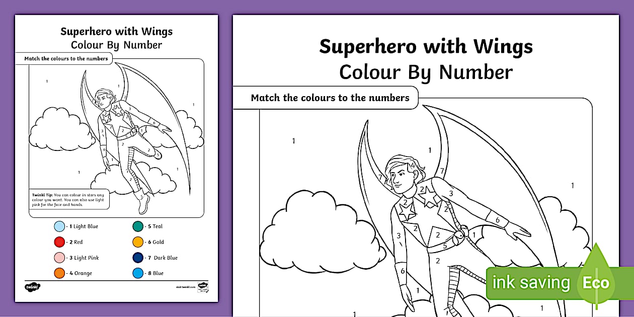 Superhero with Wings Colour-by-Number | Twinkl | KS1