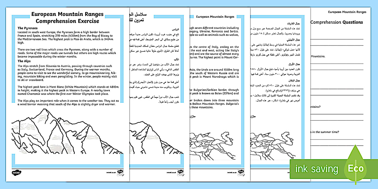 European Mountain Ranges Reading Comprehension Activity Arabic/English