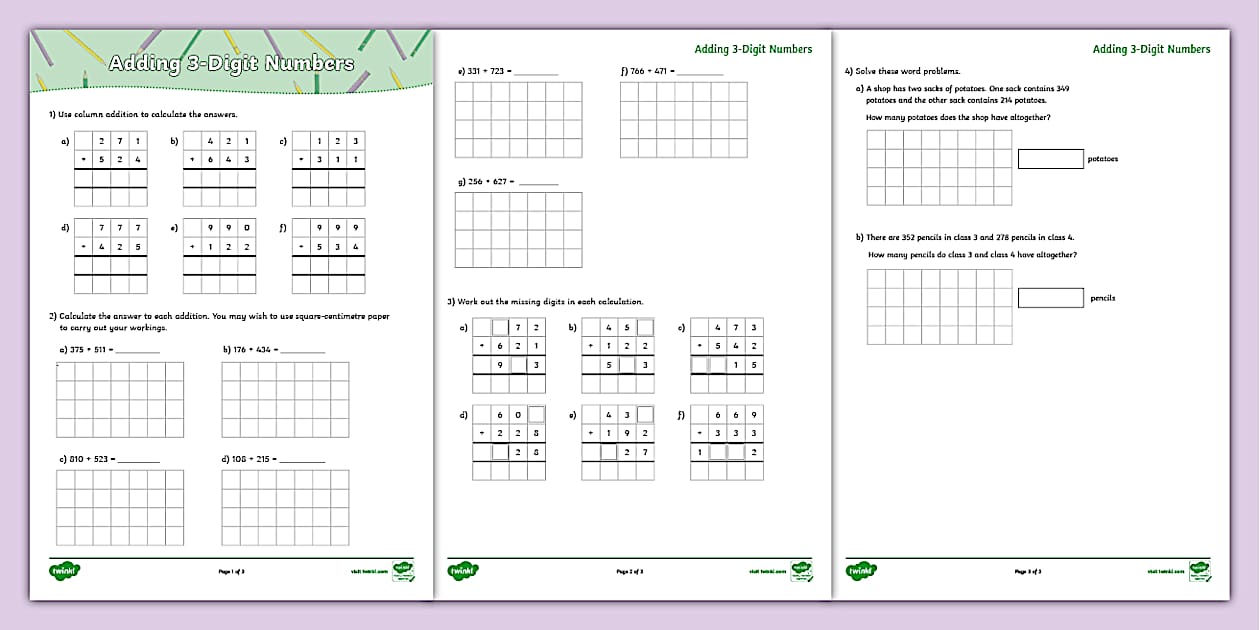 3-Digit Addition Worksheets - Improve Math Fluency - Twinkl