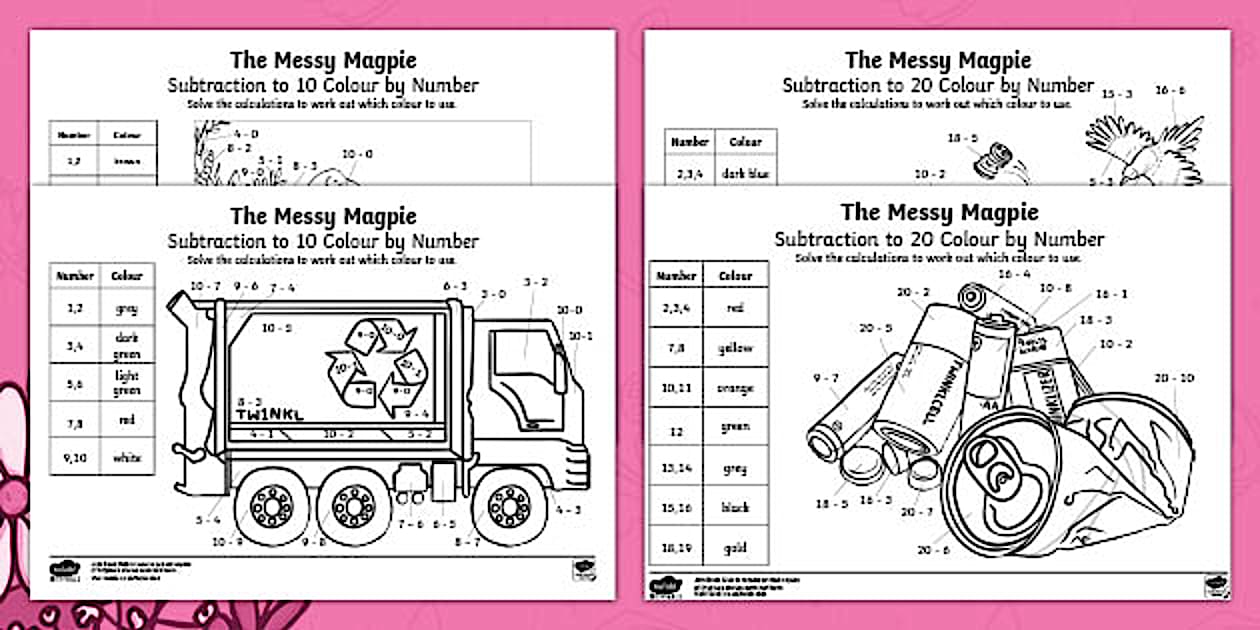 The Messy Magpie Subtraction Colour by Number - Twinkl