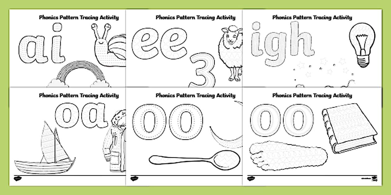 ai, ee, igh, oa, oo Phase 3 Phonics Pattern Tracing Activity