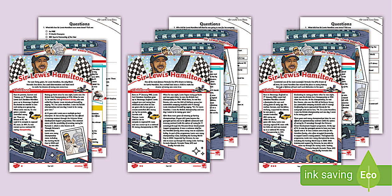 UKS2 Sir Lewis Hamilton Reading Comprehension Activity
