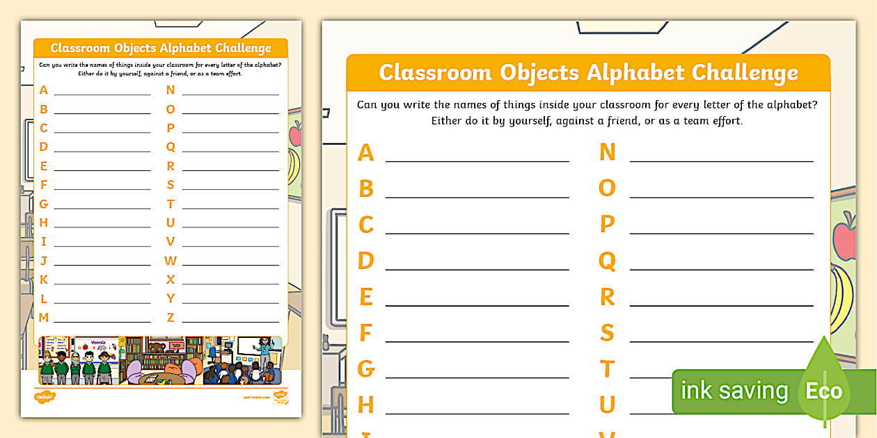 Classroom Objects Alphabet Challenge Worksheet - Twinkl