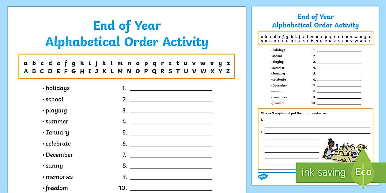 Editable End of Year Alphabetical Order Worksheet - Twinkl