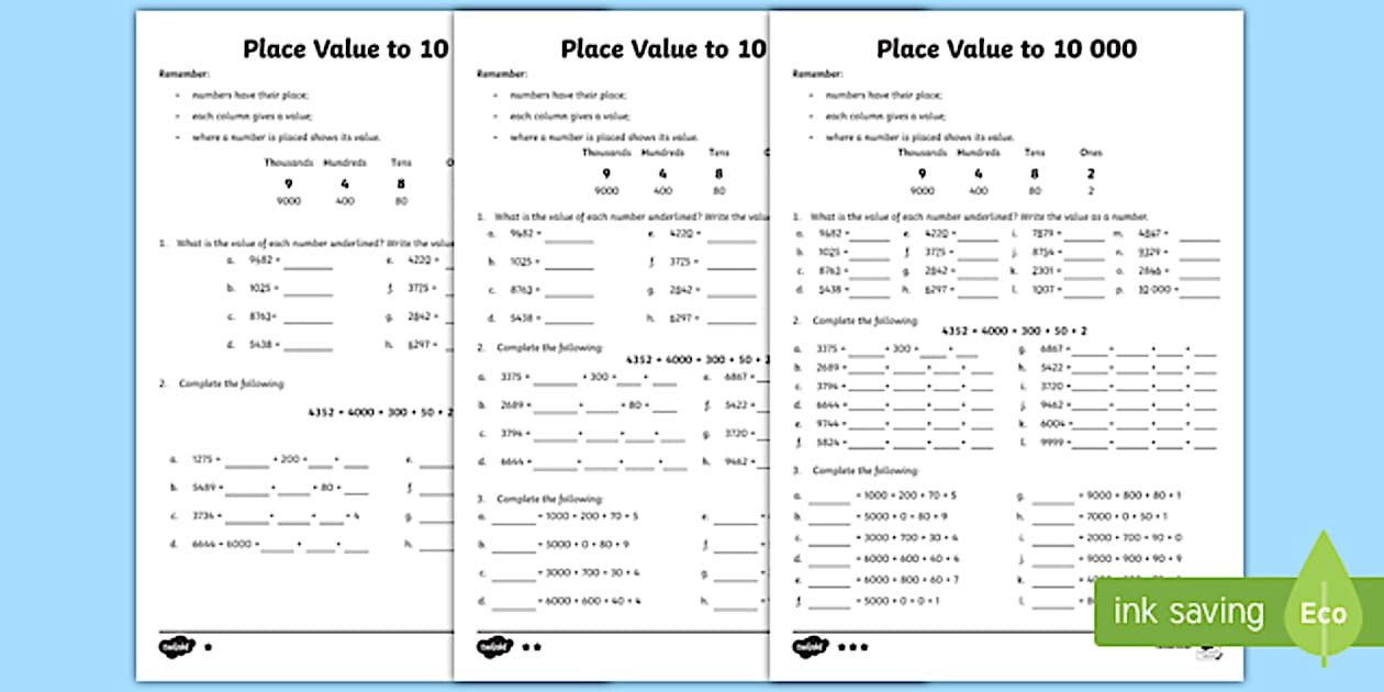 Place Value to 10 000 Differentiated Number Worksheet / Worksheet