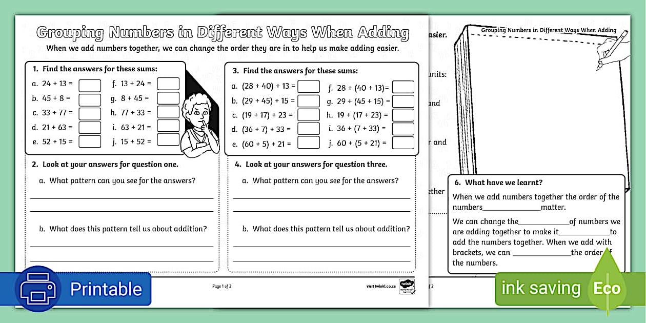 Grouping Numbers in Different Ways When Adding Worksheet