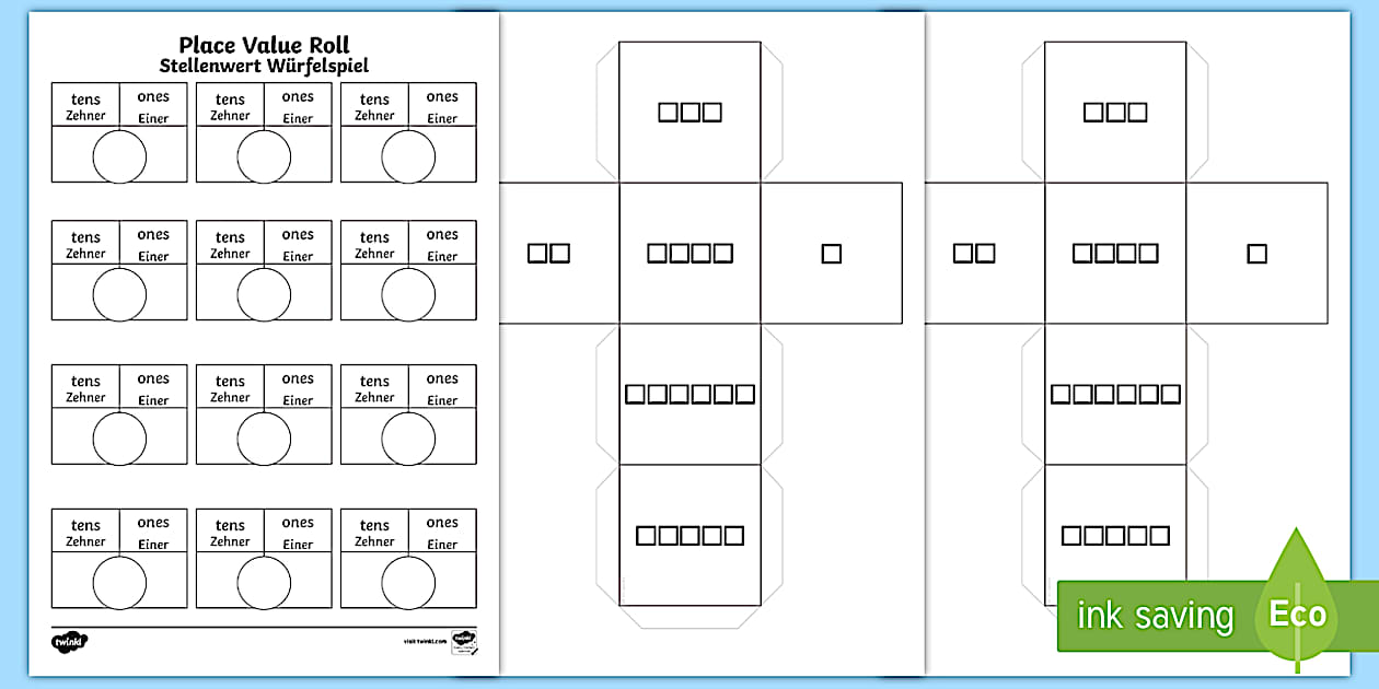 Place Value Roll Activity Dice Net and Worksheet / Worksheet English/German