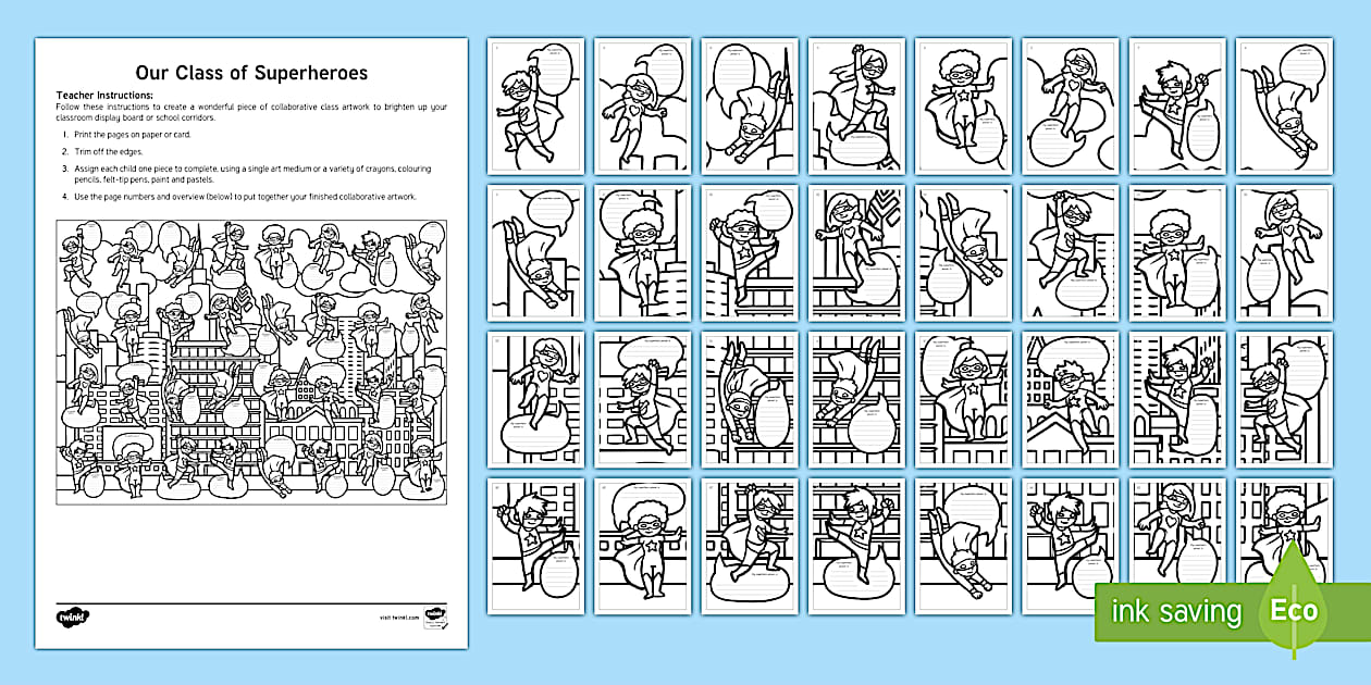 Editable Our Class of Superheroes Collaborative Colouring Activity Pack