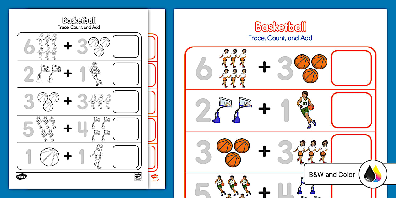 Kindergarten Basketball Trace, Count, and Add Worksheet