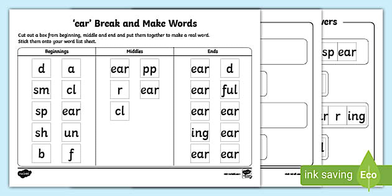 'ear' Break and Make Words Worksheet (Hecho por educadores)