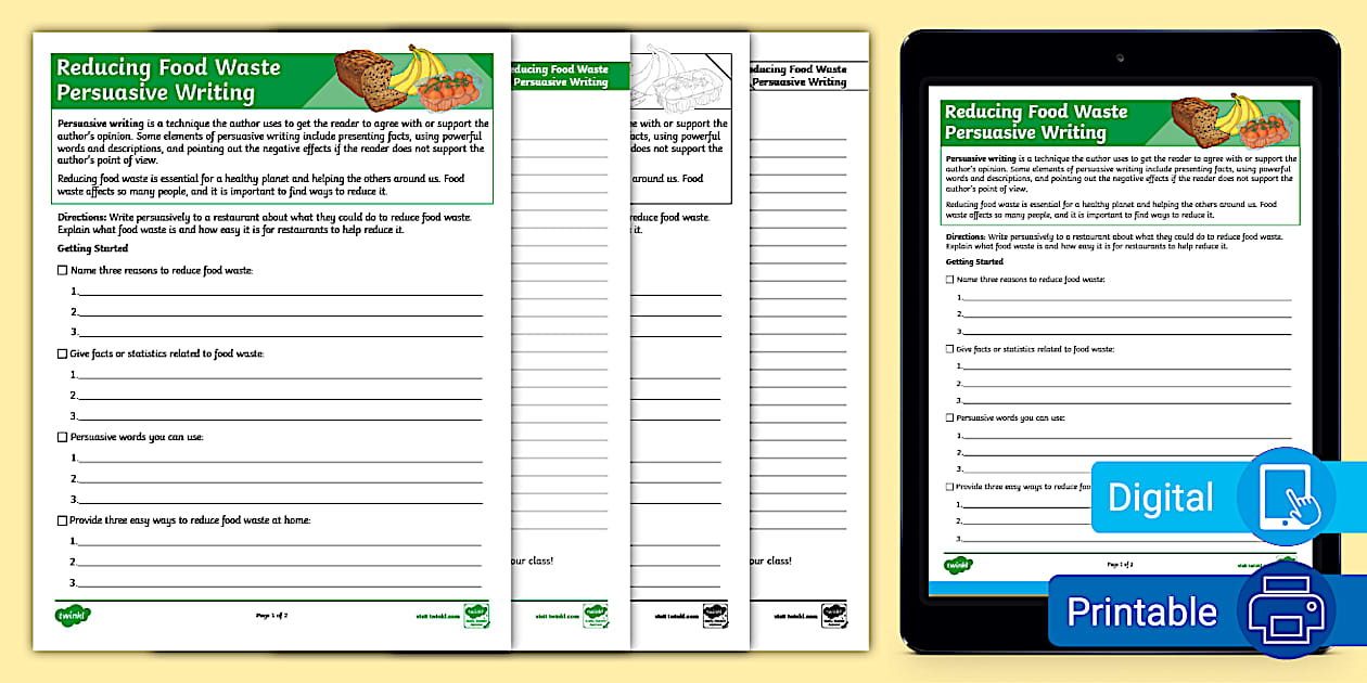 Reduce Food Waste Essay Writing Worksheet | Twinkl USA