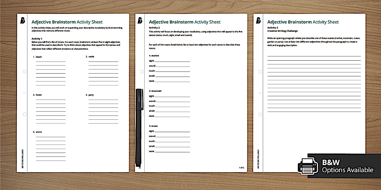 Adjective Brainstorm Worksheet