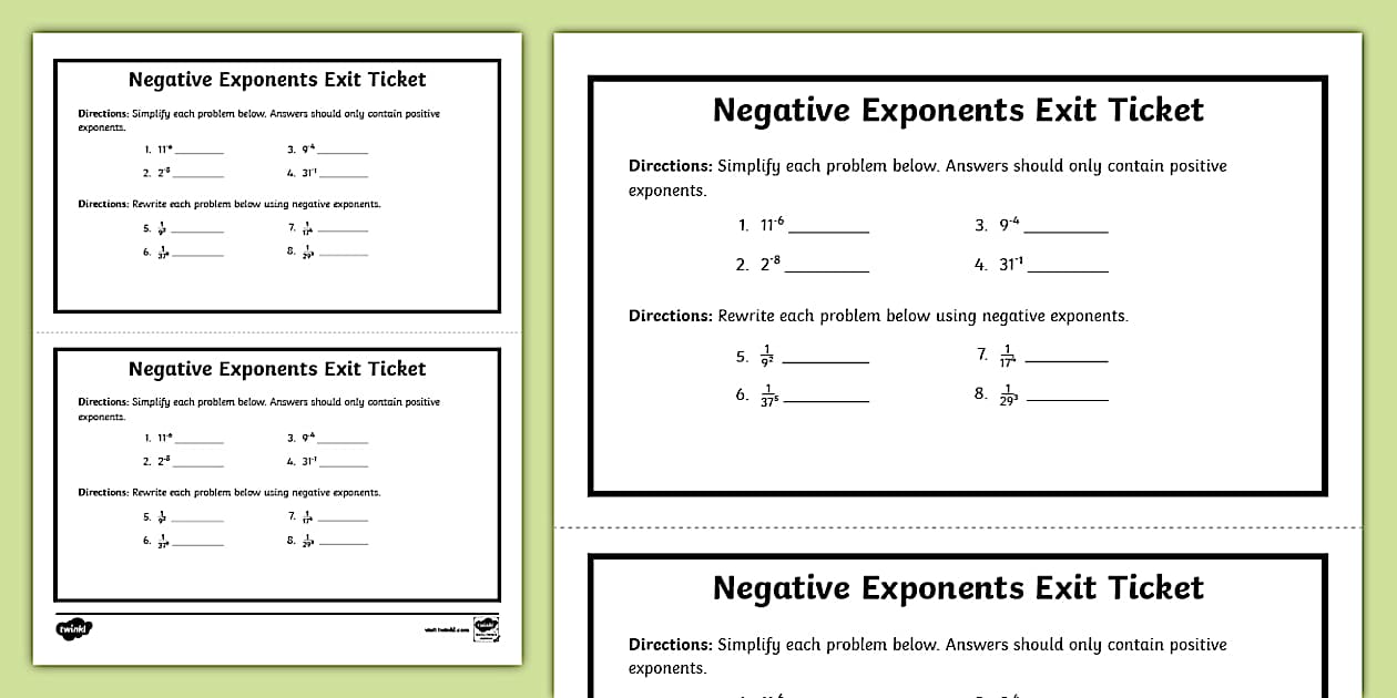 Eighth Grade Negative Exponents Exit Ticket (teacher made)