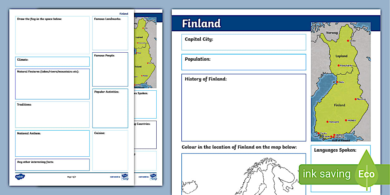 Finland Fact File Writing Template 3rd/4th Class - Twinkl