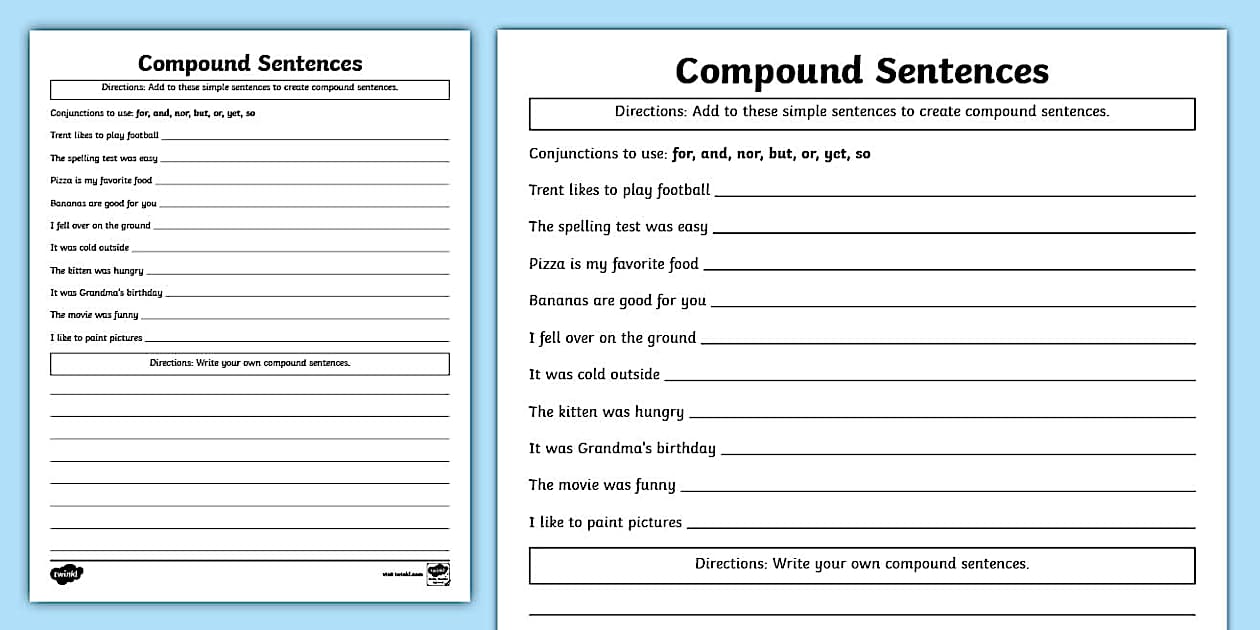 Writing Compound Sentences Worksheet for 3rd-5th Grade