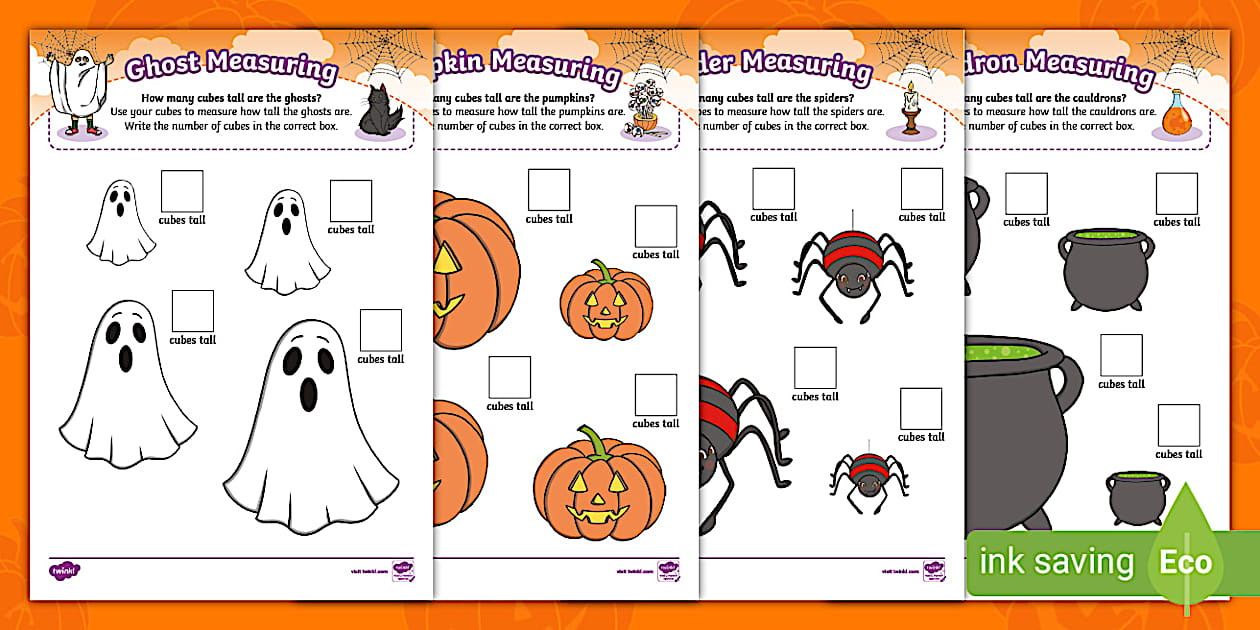 Halloween Measuring With Cubes Activity Sheets - Twinkl