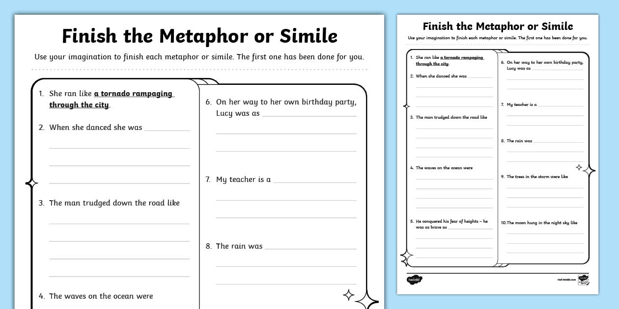 Finish the Metaphors and Similes worksheet - Twinkl