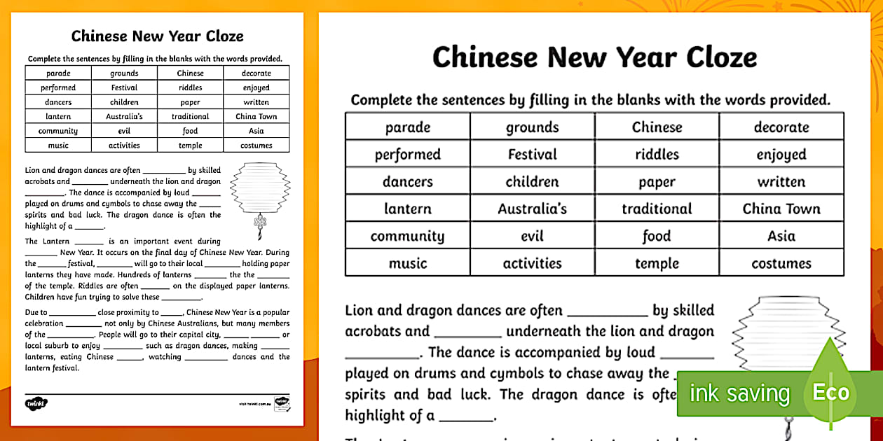 Chinese New Year English Writing | Cloze Worksheet | Primary