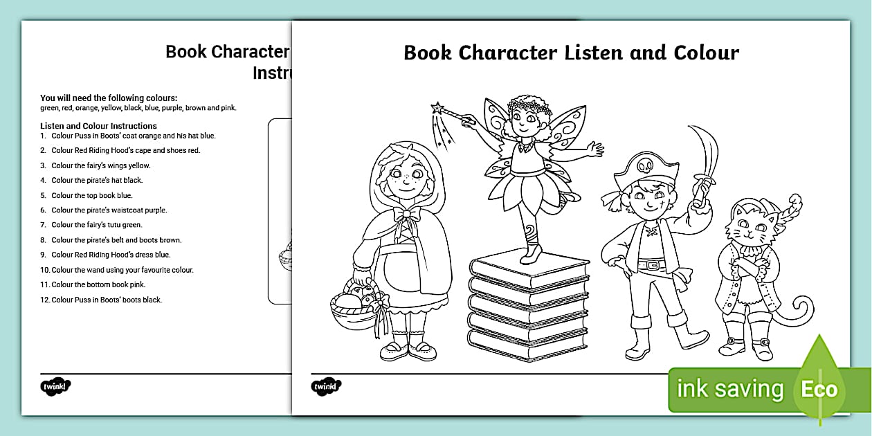 Listen and Colour Book Characters Activity - Twinkl
