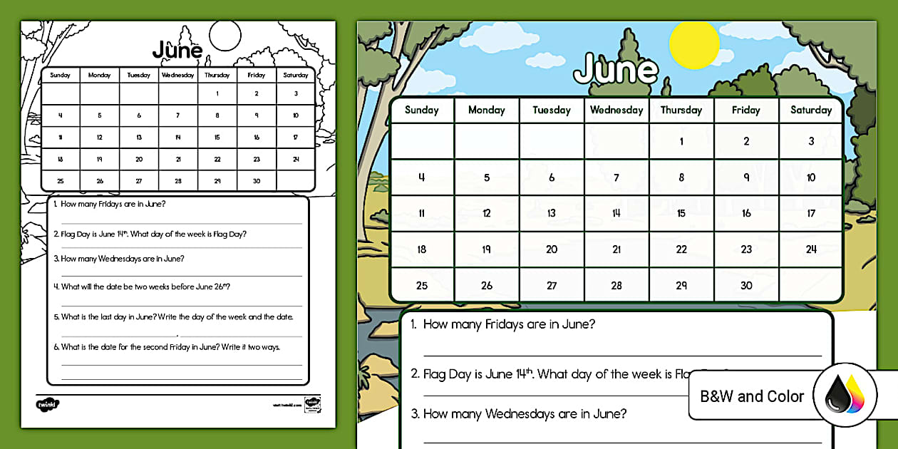 June Reading a Calendar Activity Worksheet for K-2nd Grade