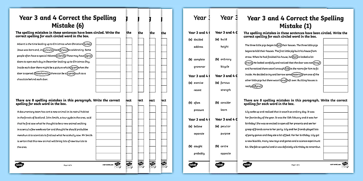 Year 3 and 4 Correct the Mistakes Worksheet Pack | Spelling