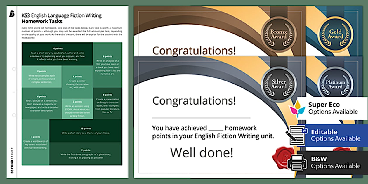 KS3 English Language Fiction Writing Homework Pack - Twinkl