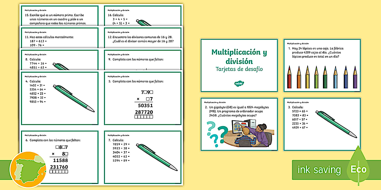Tarjetas de desafío de matemáticas: Multiplicación y división