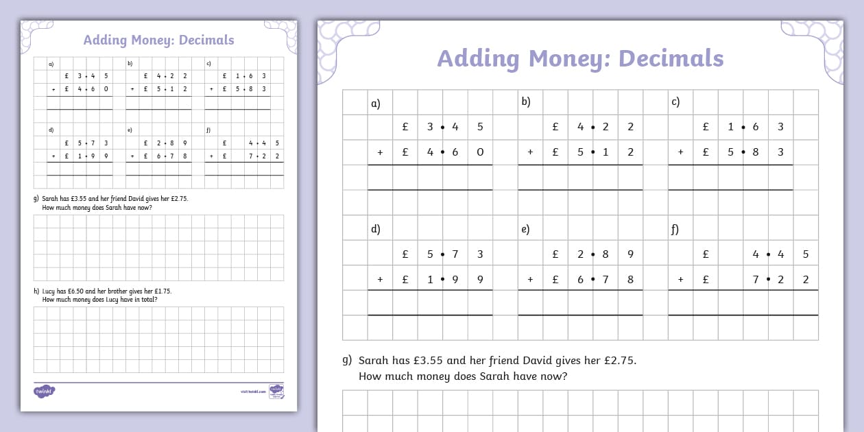 👉 Adding Money: Decimals Worksheet (teacher made)