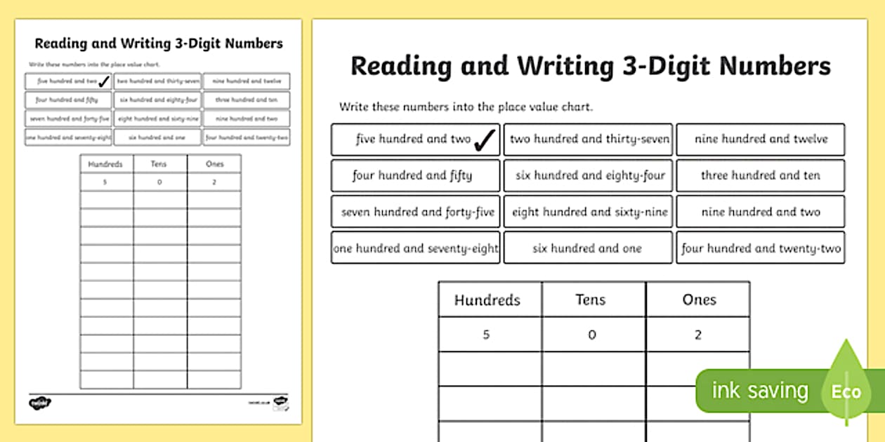 Place Value Reading and Writing 3-Digit Numbers Worksheet