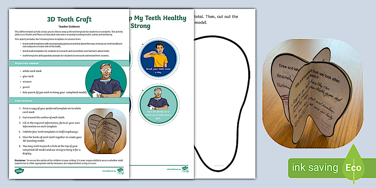 3D Tooth Craft Activity - Dental Hygiene (teacher made)