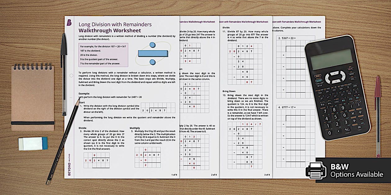 Long Division with Remainders Walkthrough Worksheet - Twinkl