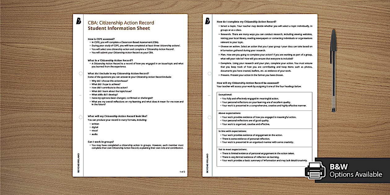CBA: Citizenship Action Record - Student Information Sheet