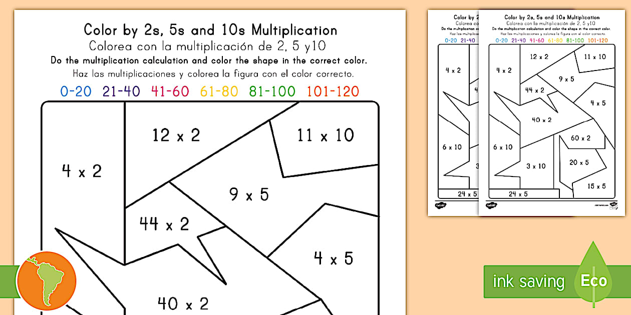 Mixed Color by 2s, 5s, and 10s Multiplication Worksheet / Worksheet