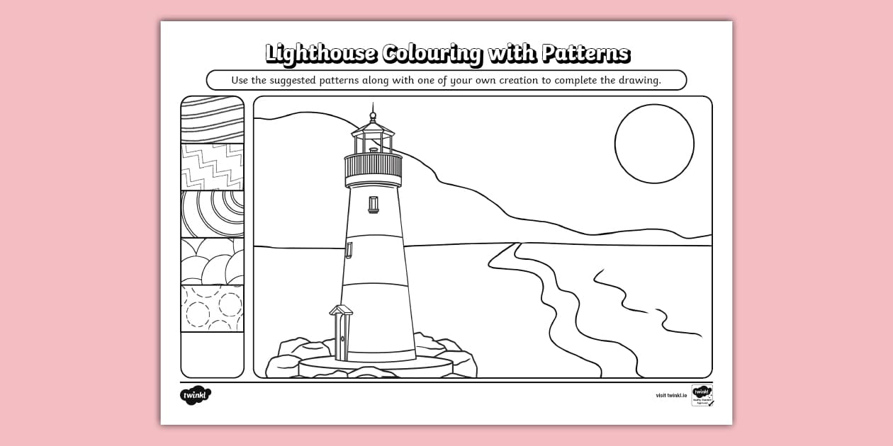 Lighthouse Colouring with Patterns Activity - Twinkl