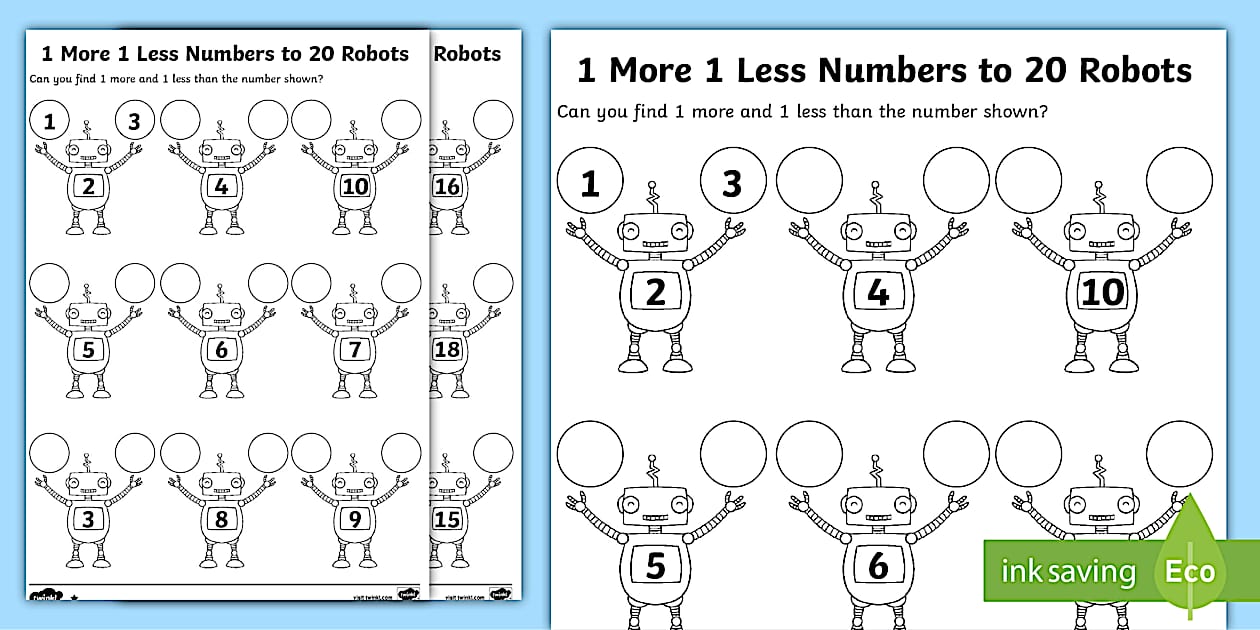 1 More 1 Less Numbers to 20 Robots Activity Sheet - Twinkl