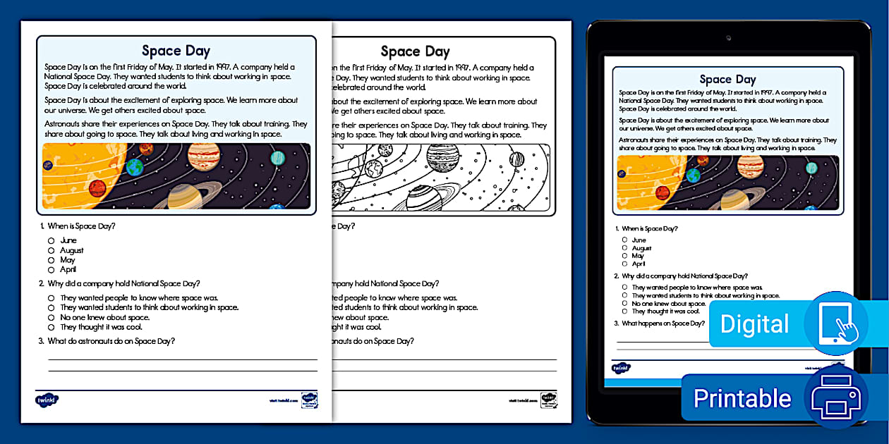 First Grade Space Day Reading Passage Comprehension Worksheet