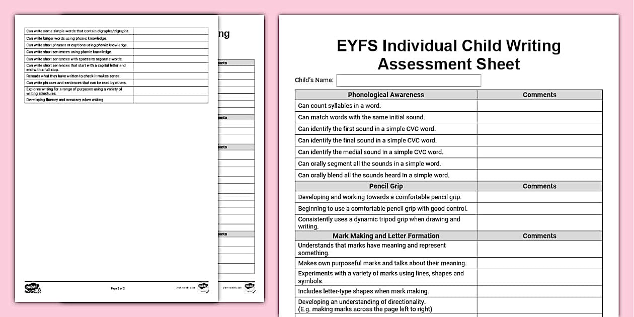 EYFS Individual Child Writing Assessment Sheet | Early Years