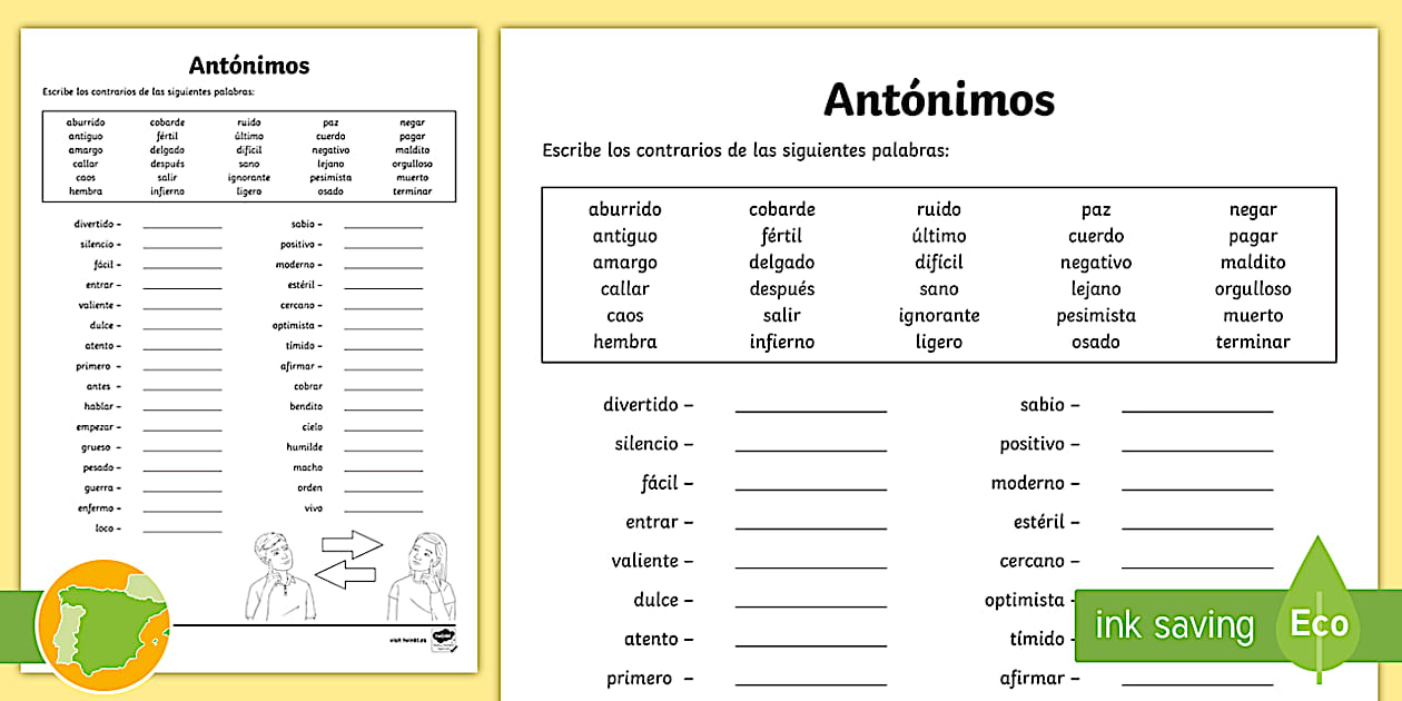 Ficha de actividad: Escribe los antónimos - 30 palabras